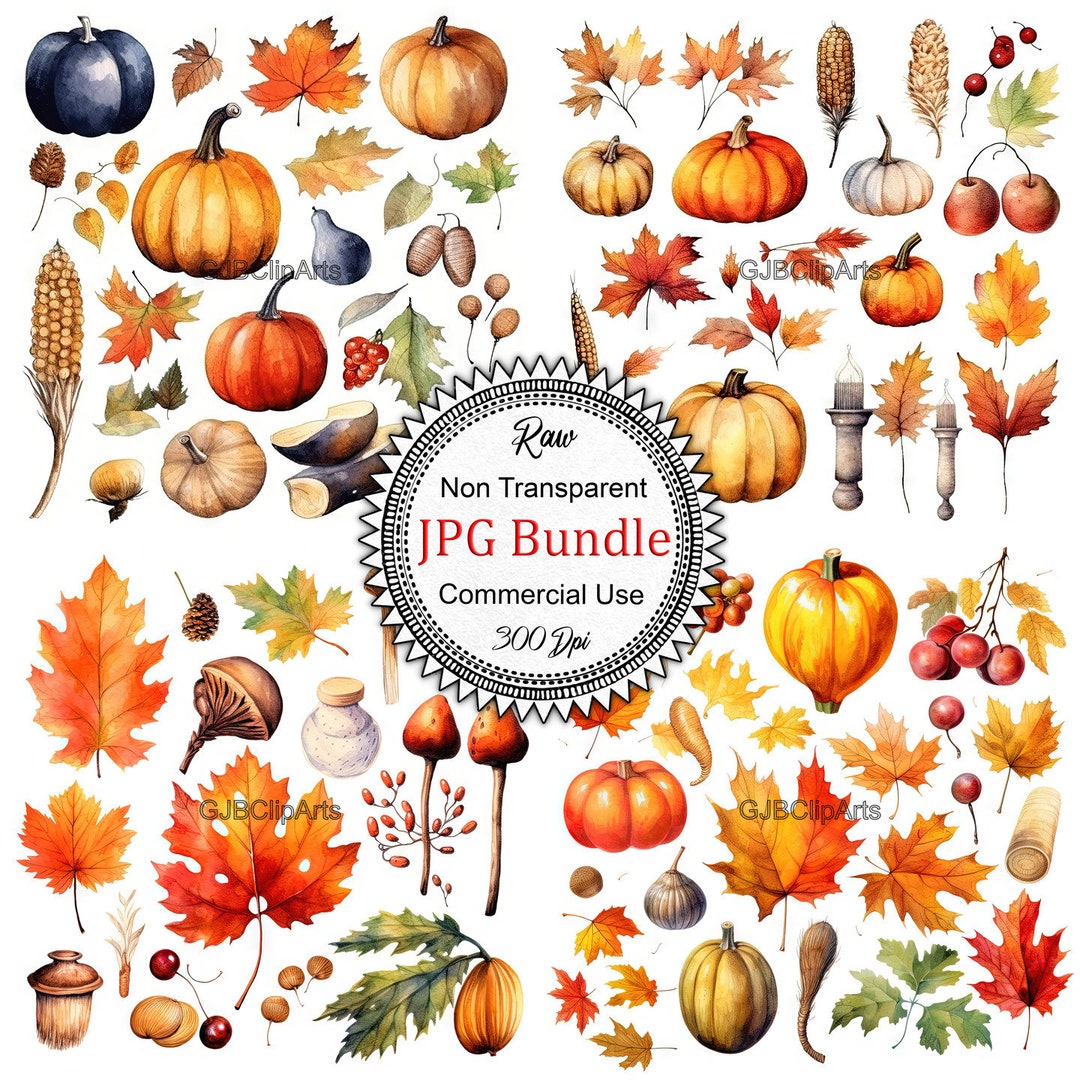 Fall Themed Watercolor Clipart, Pumpkin Clipart, Autumn Clipart, Leaf ...