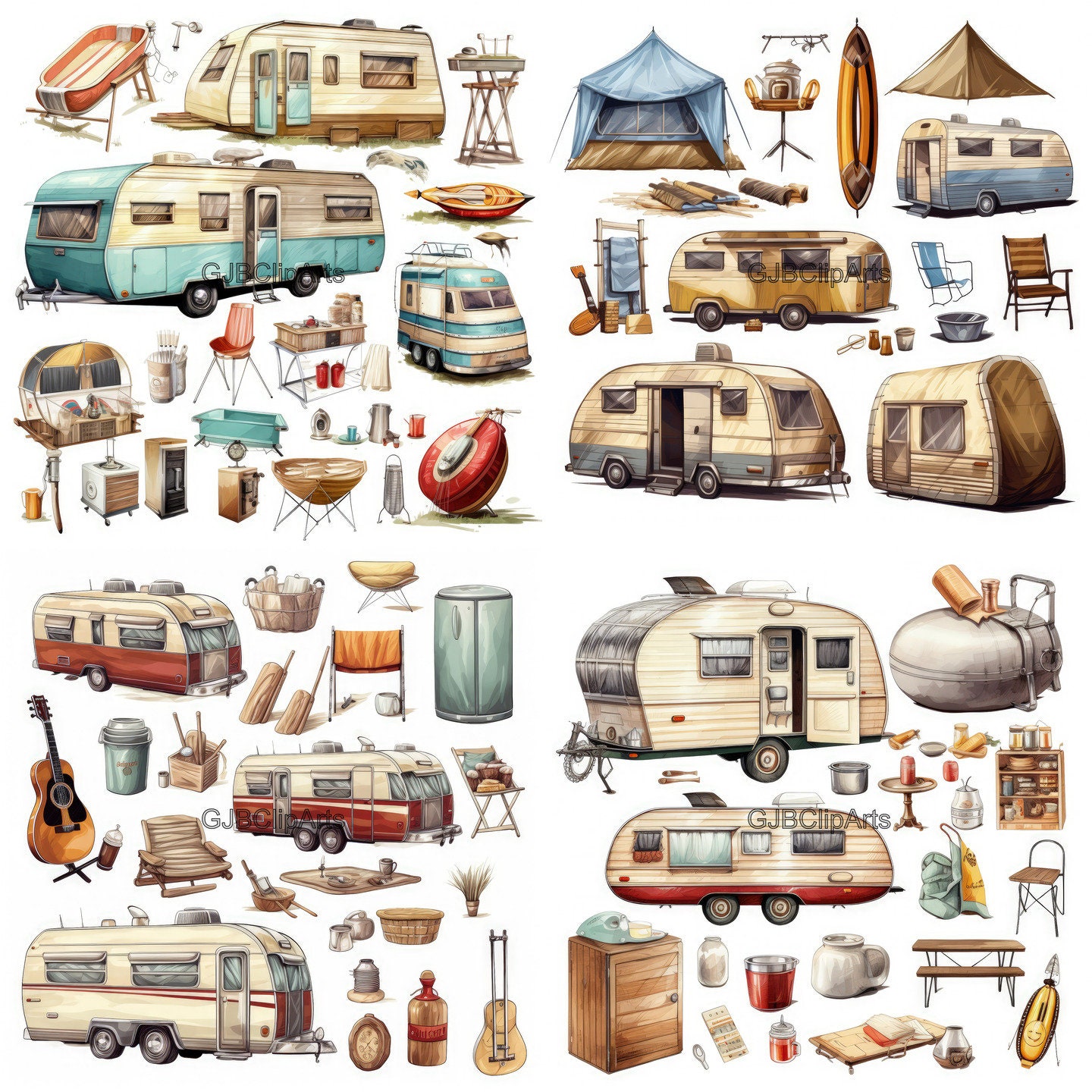 Vintage Retro Camping Camper Van Clipart, Camper Van Clipart, Camping ...