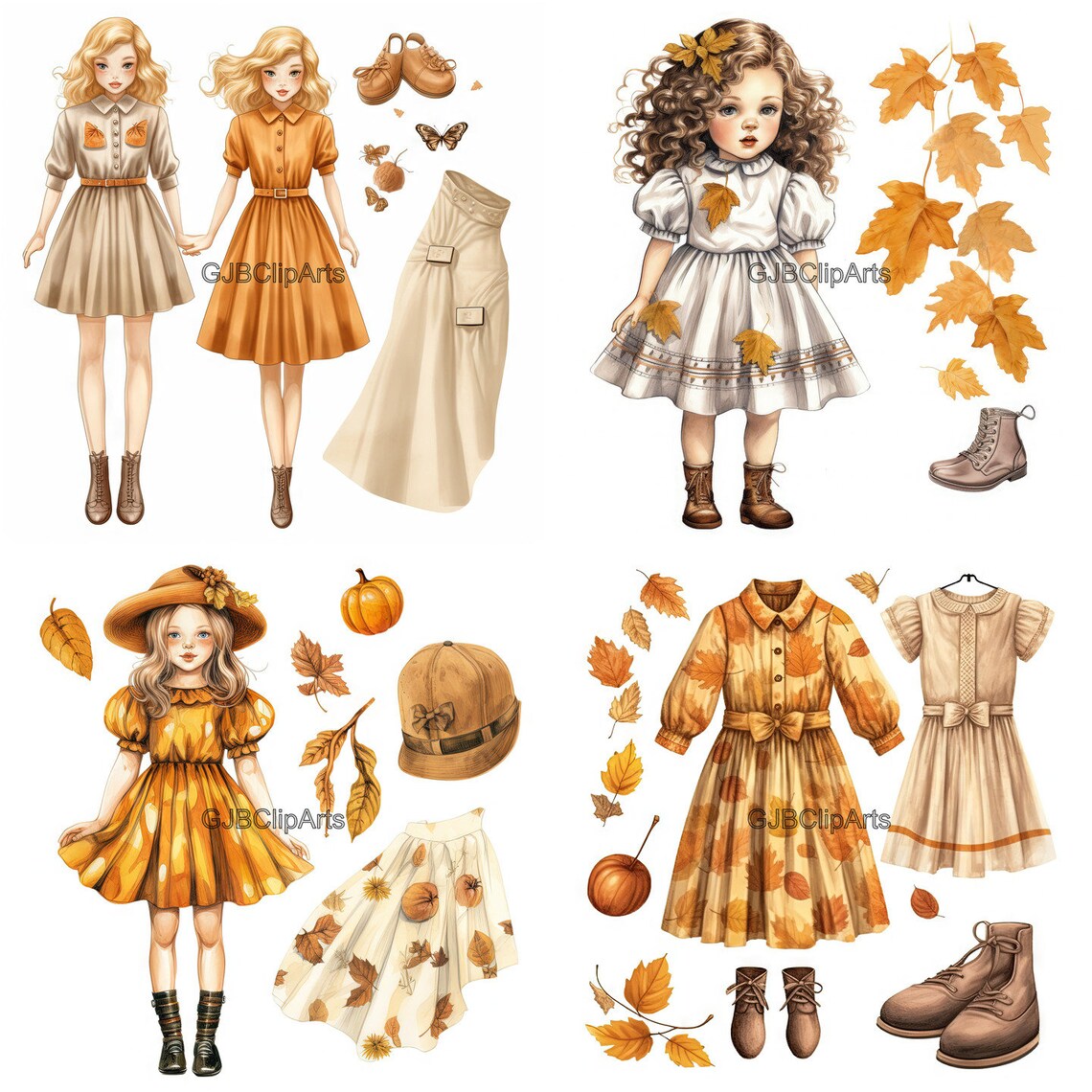 Vintage Fall Dress Girl Clipart Autumn Clipart Cute Girl - Etsy