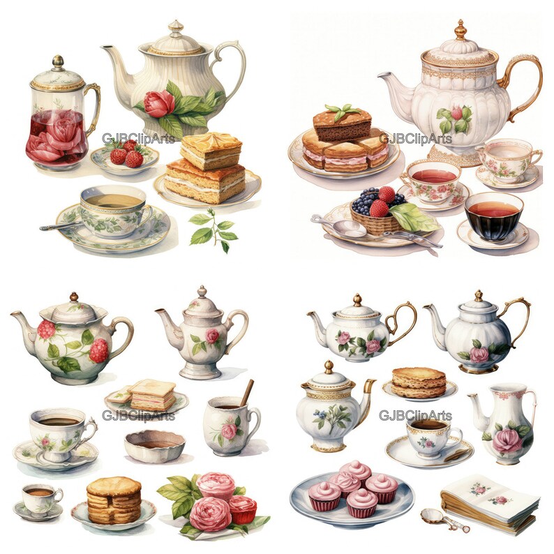 Old Fashioned Tea Set Clipart, Tea Party Elements Collection Clipart ...
