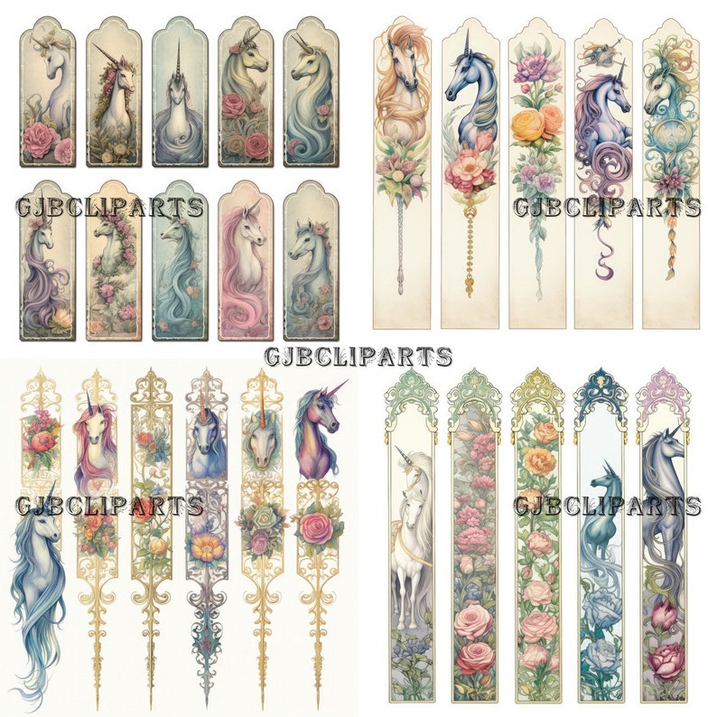 Unicorns Ornamental Bookmark Clipart, Evenly Spaced Clipart, Journaling ...