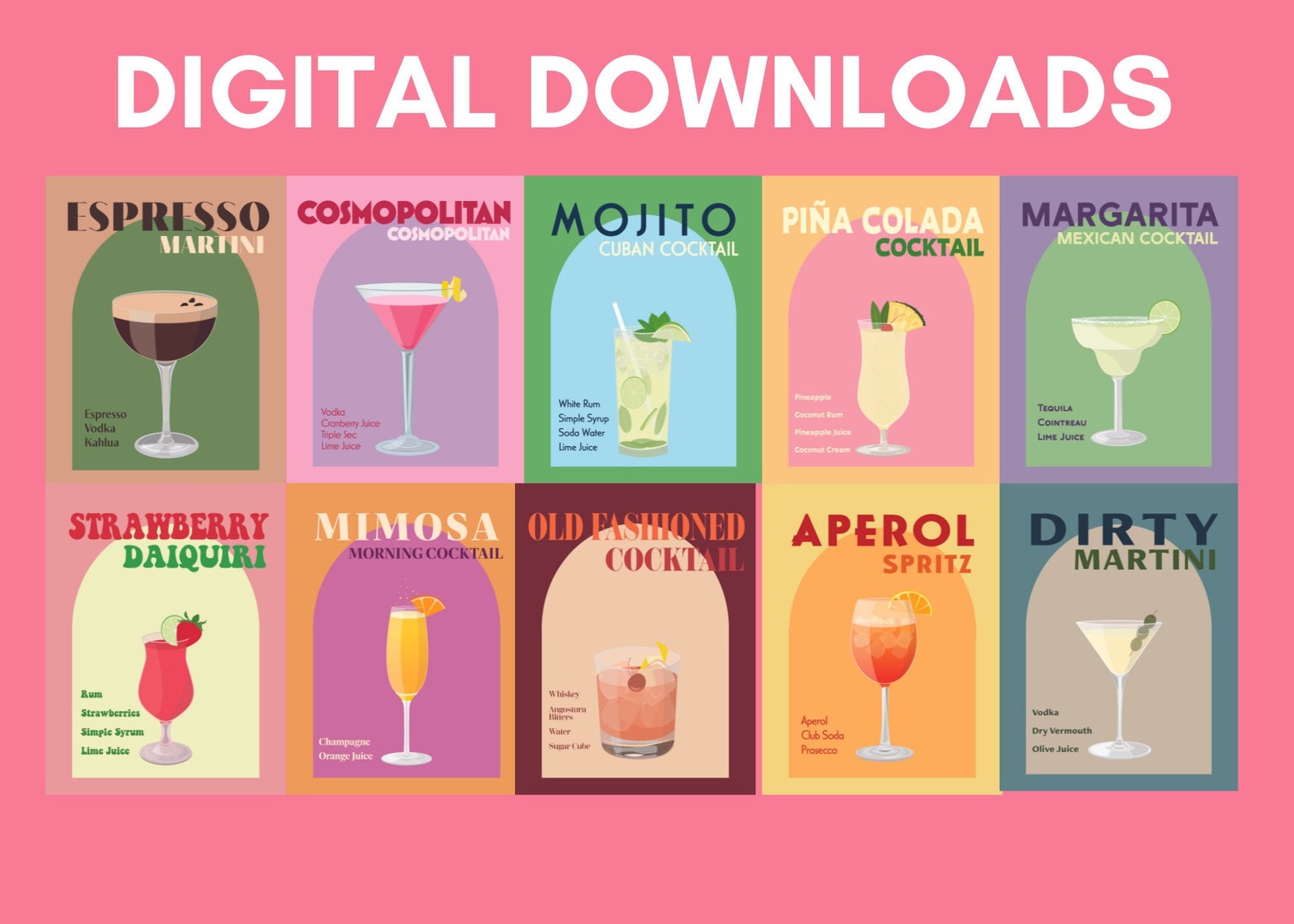 Cocktail Drinks Digital Download Set of 10, Self Print Drink Poster ...