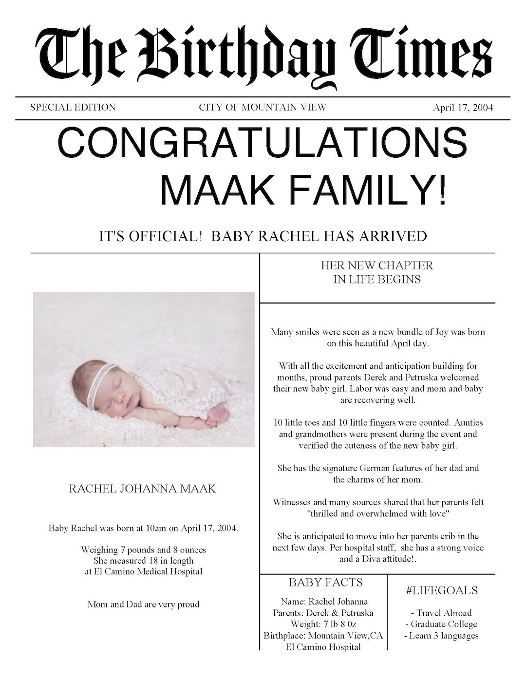 Newspaper Birth Announcement/ Unframed Wall Art/ Birth - Etsy