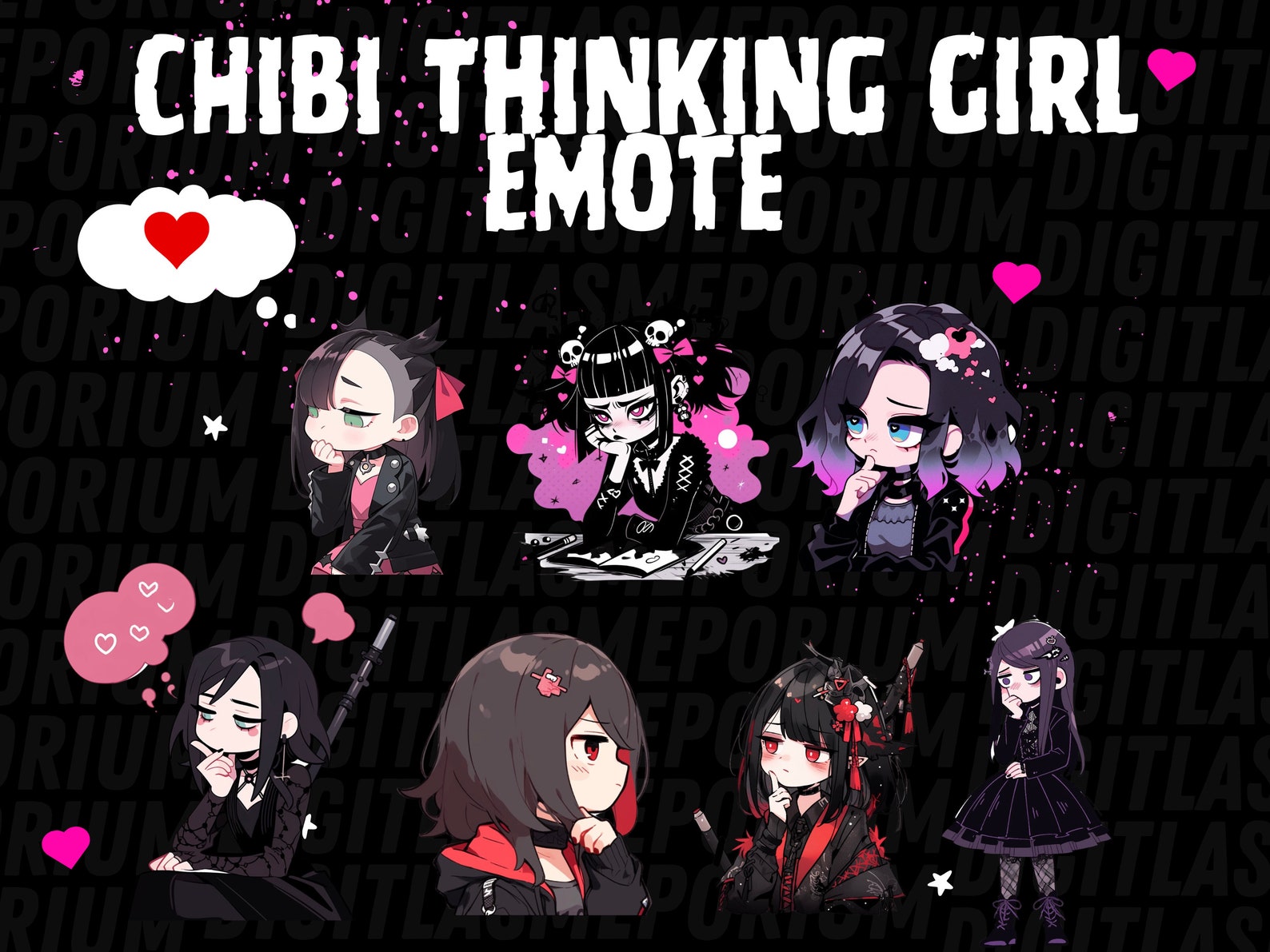 Chibi Thinking Anime Girl Emote, Goth Girl Emote, Confused Girl Emote ...