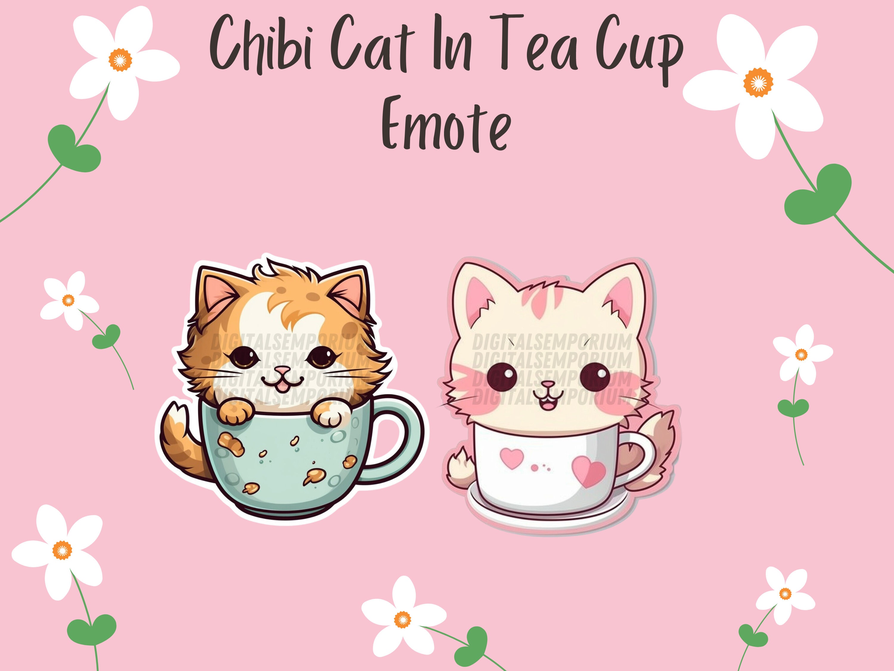 Chibi Cat in Tea Cup Emote, Cute Kitty Emote, Pink Cat Emote, Cute Pet ...