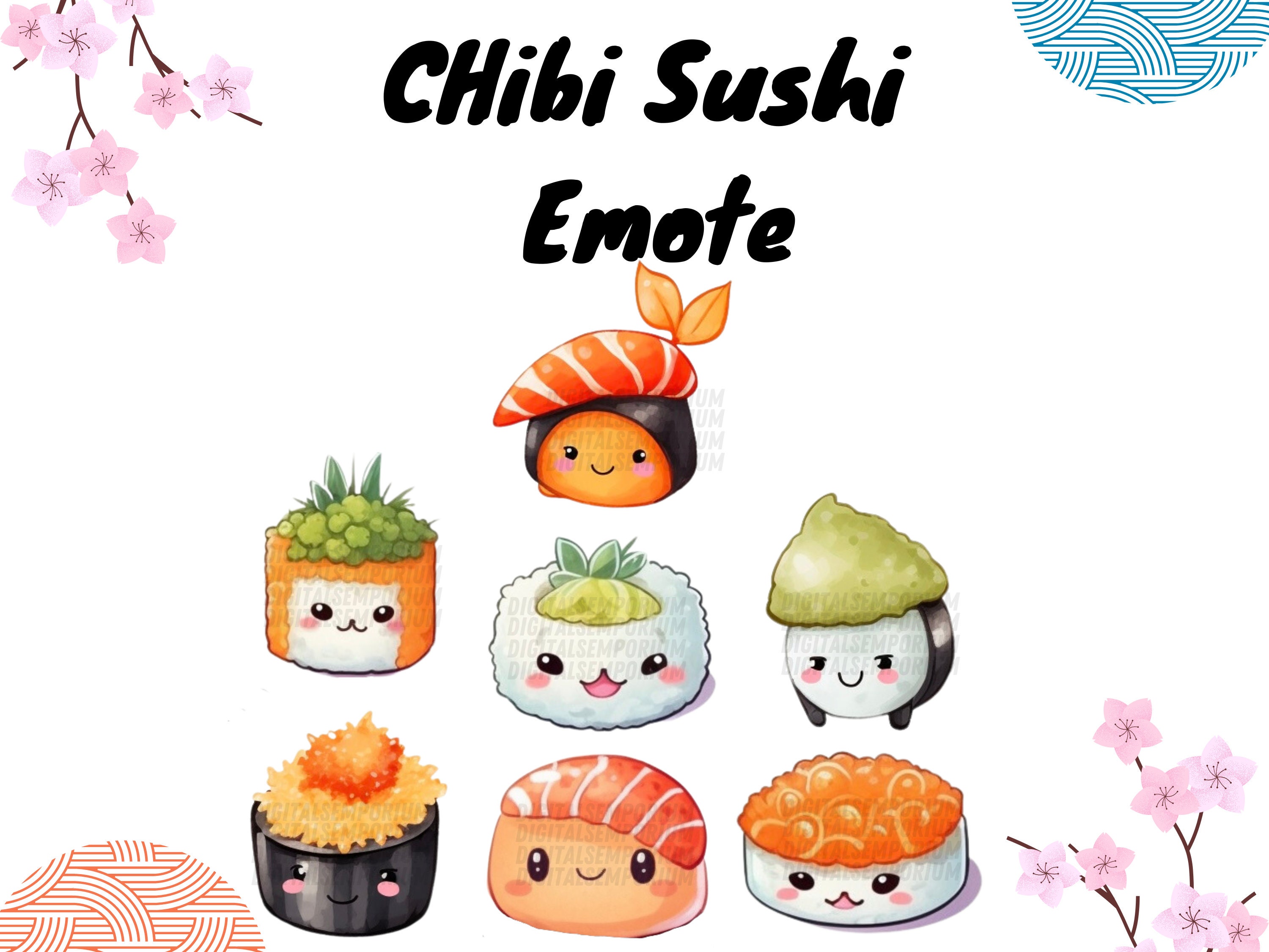 Chibi Sushi Emote, Spicy Salmon Sushi Emote, Sushi Roll Emote, Shrimp Sushi Emote, Twitch Stream ...