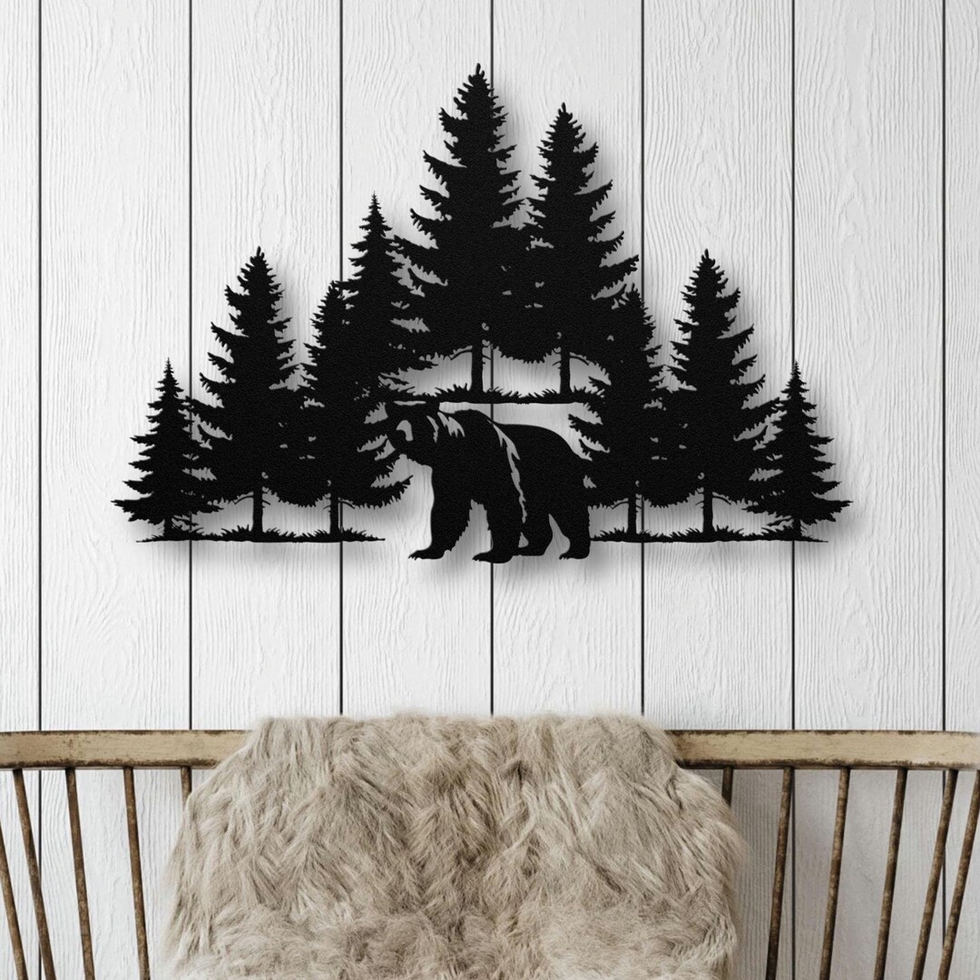 Tree Line Wall Art, Forest & Bear Metal Sign, Pine Tree Decor, Nature ...