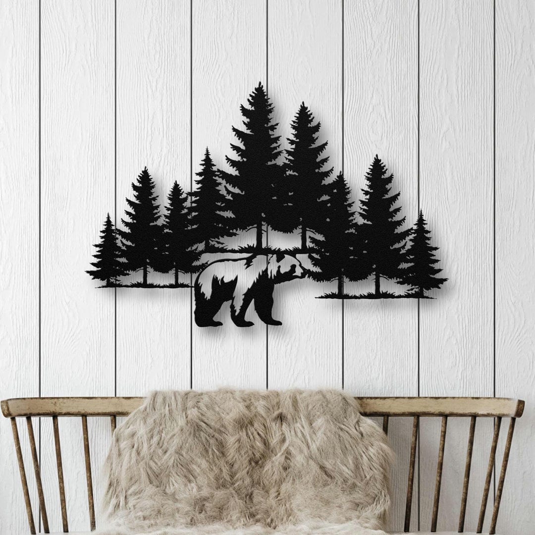 Tree Line Wall Art, Forest & Bear Metal Sign, Pine Tree Decor, Nature ...