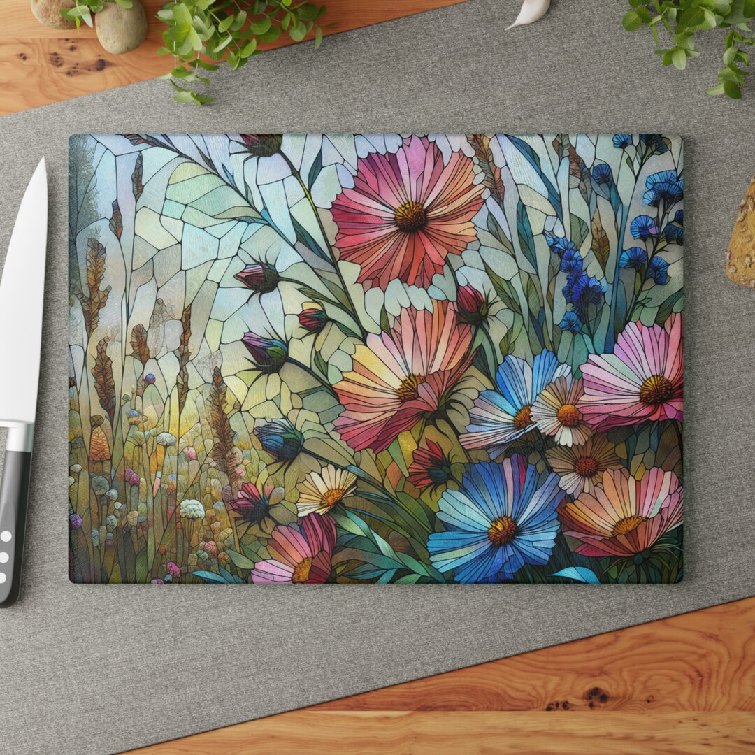 Wildflowers Glass Cutting Board, Faux Stained Glass Chopping Board ...