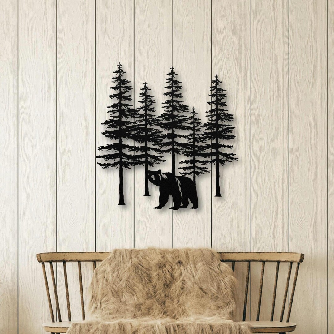 Tree Line Wall Art, Forest & Bear Metal Sign, Pine Tree Decor, Nature ...