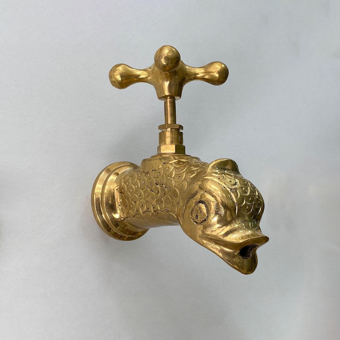 Unlacquered Brass Fish-shaped Faucet , Engraved Wall Mount Cold Water ...