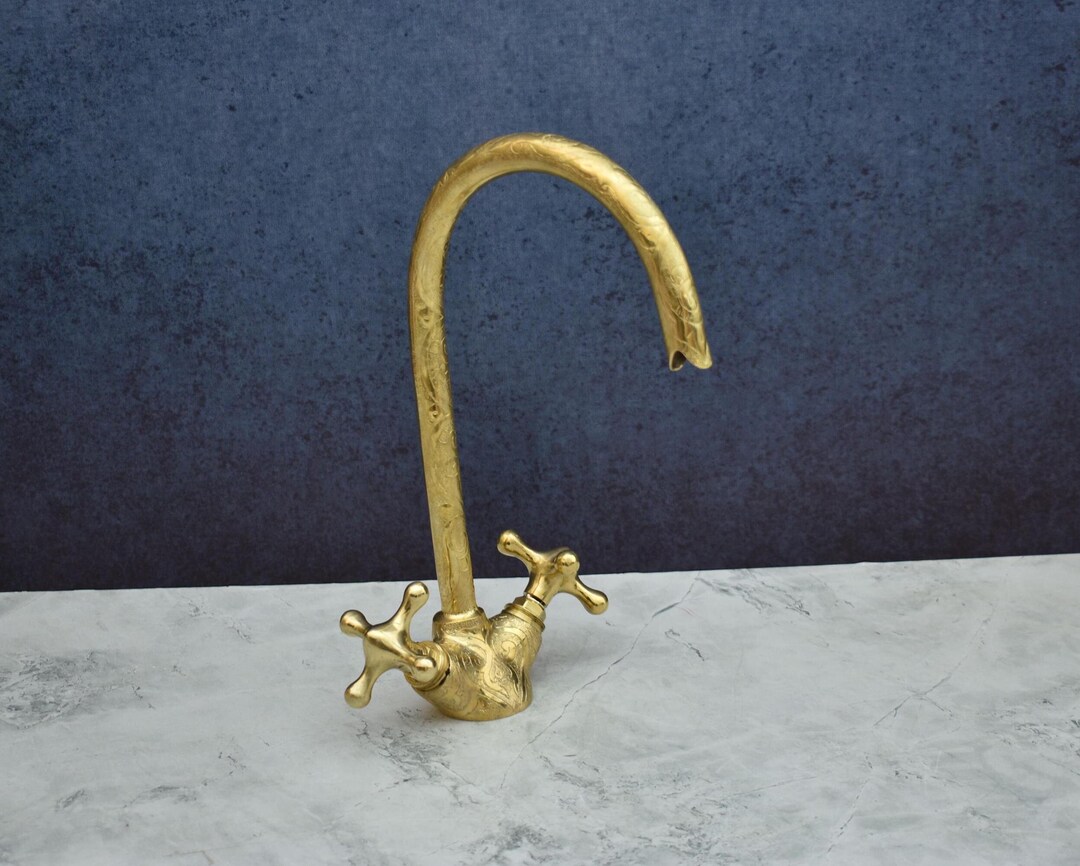 Unlacquered Brass Bathroom Faucet Engraved ,solid Brass Gooseneck ...
