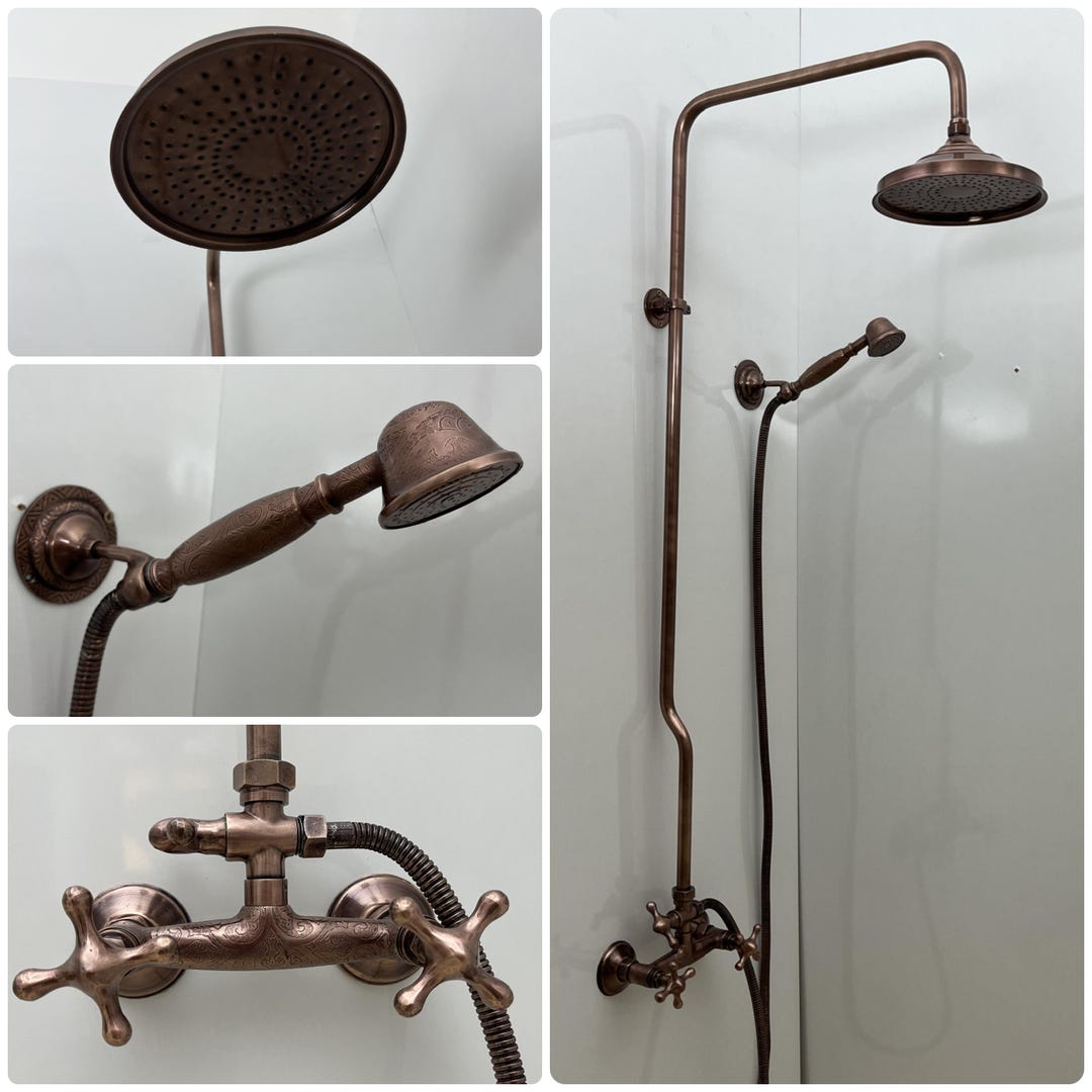 Copper Head Shower Exposed Pipe Faucet, Dark Copper Rain Shower System ...