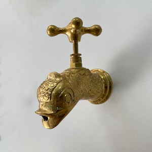 Unlacquered Brass Fish-shaped Faucet , Engraved Wall Mount Cold Water ...
