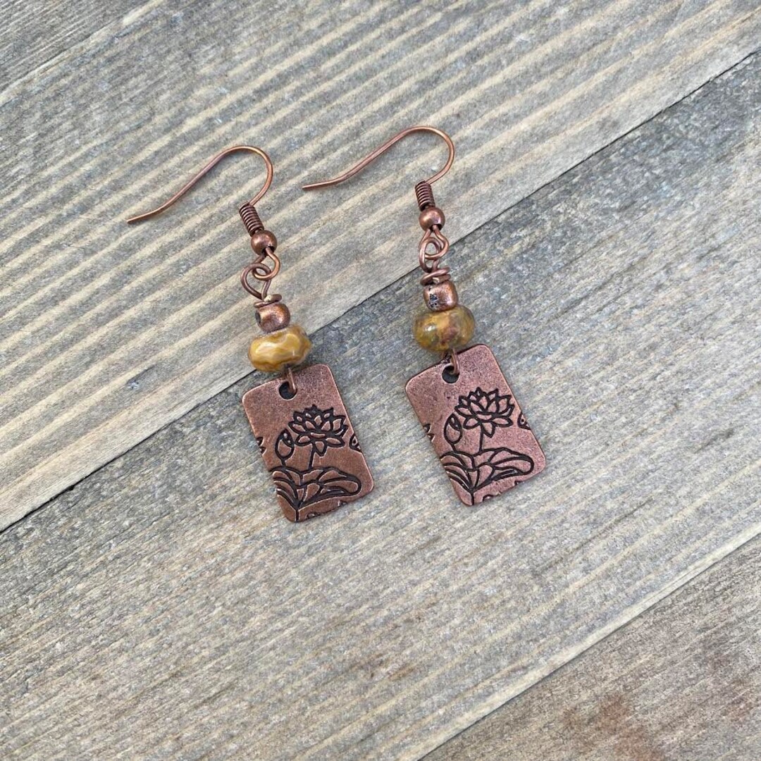 Copper Lotus Flower Boho Dangle Drop Earrings Fire Agate Stone - Etsy