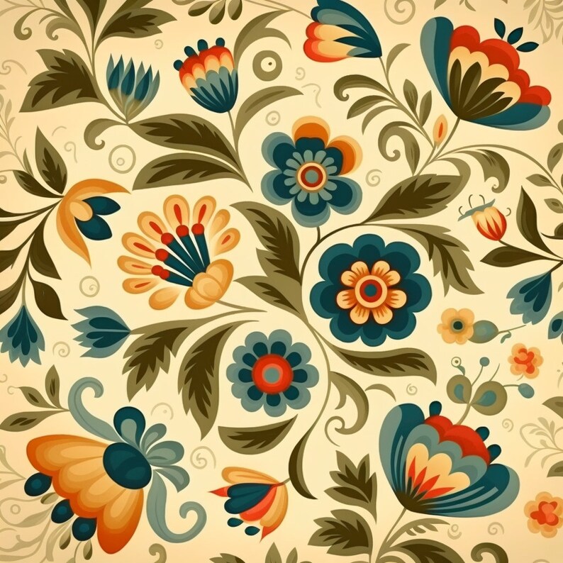 Bundle of 40 Folk Art Illustrations on Ligth Yellow Background, Digital ...