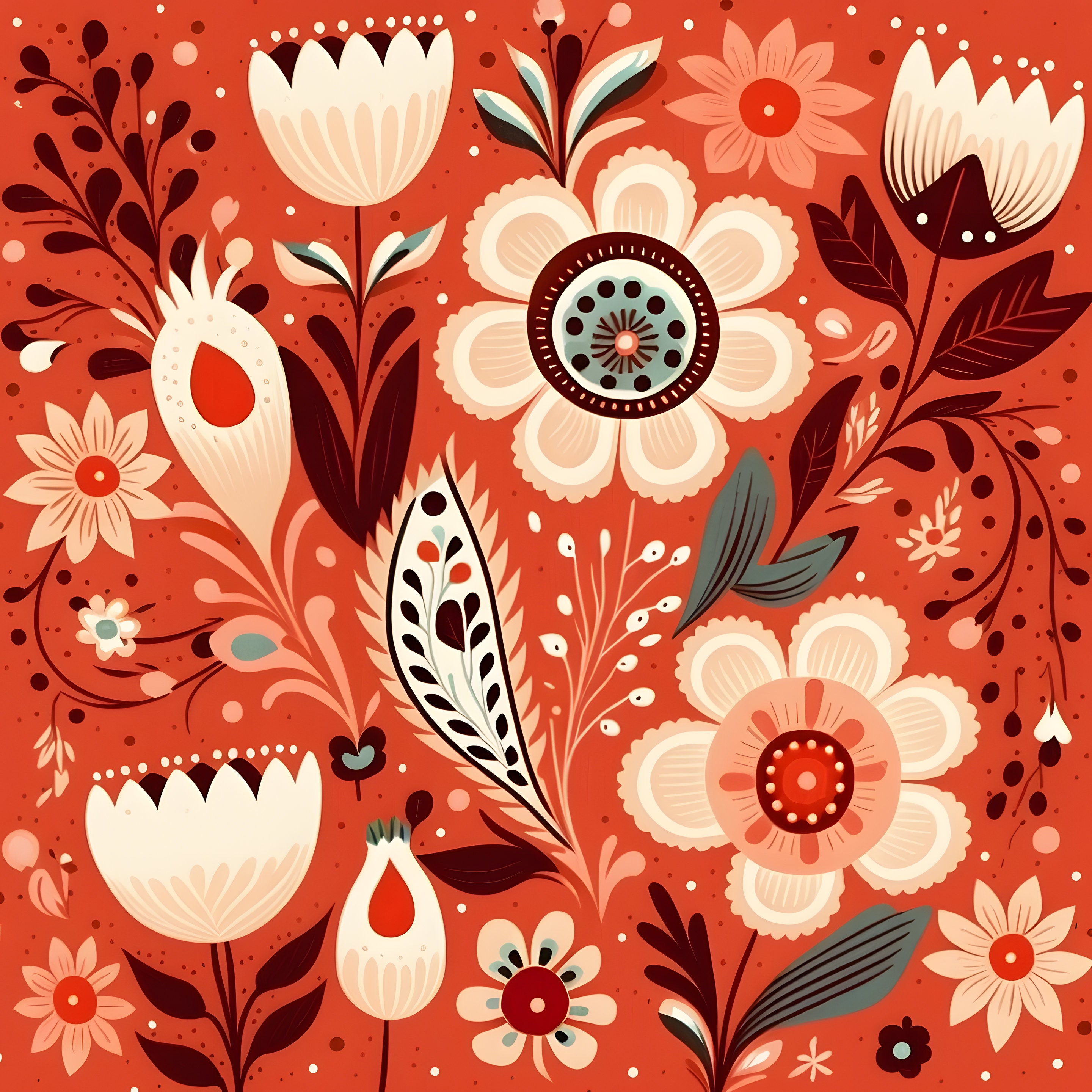 Bundle of 40 Folk Art Seamless Pattern Illustrations on Red Background ...