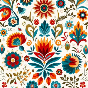 Bundle of 40 Folk Art Illustrations on White Background, Digital Floral ...
