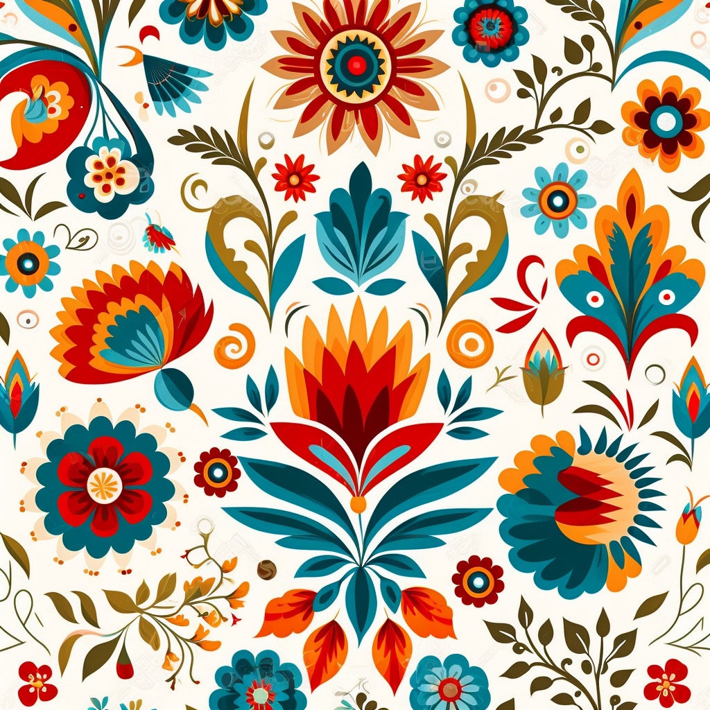 Bundle of 40 Folk Art Illustrations on White Background, Digital Floral ...