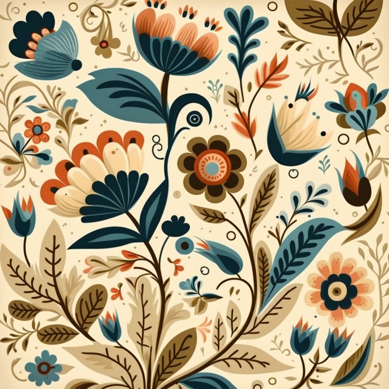 Bundle of 40 Folk Art Illustrations on Ligth Yellow Background, Digital ...