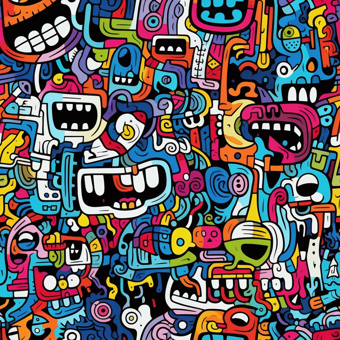 Bundle of 40 Comic Doodle Seamless Pattern Illustrations on White ...