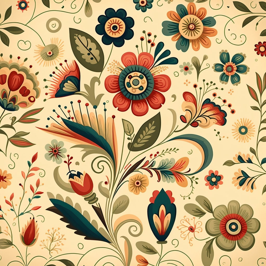 Bundle of 40 Folk Art Illustrations on Ligth Yellow Background, Digital ...