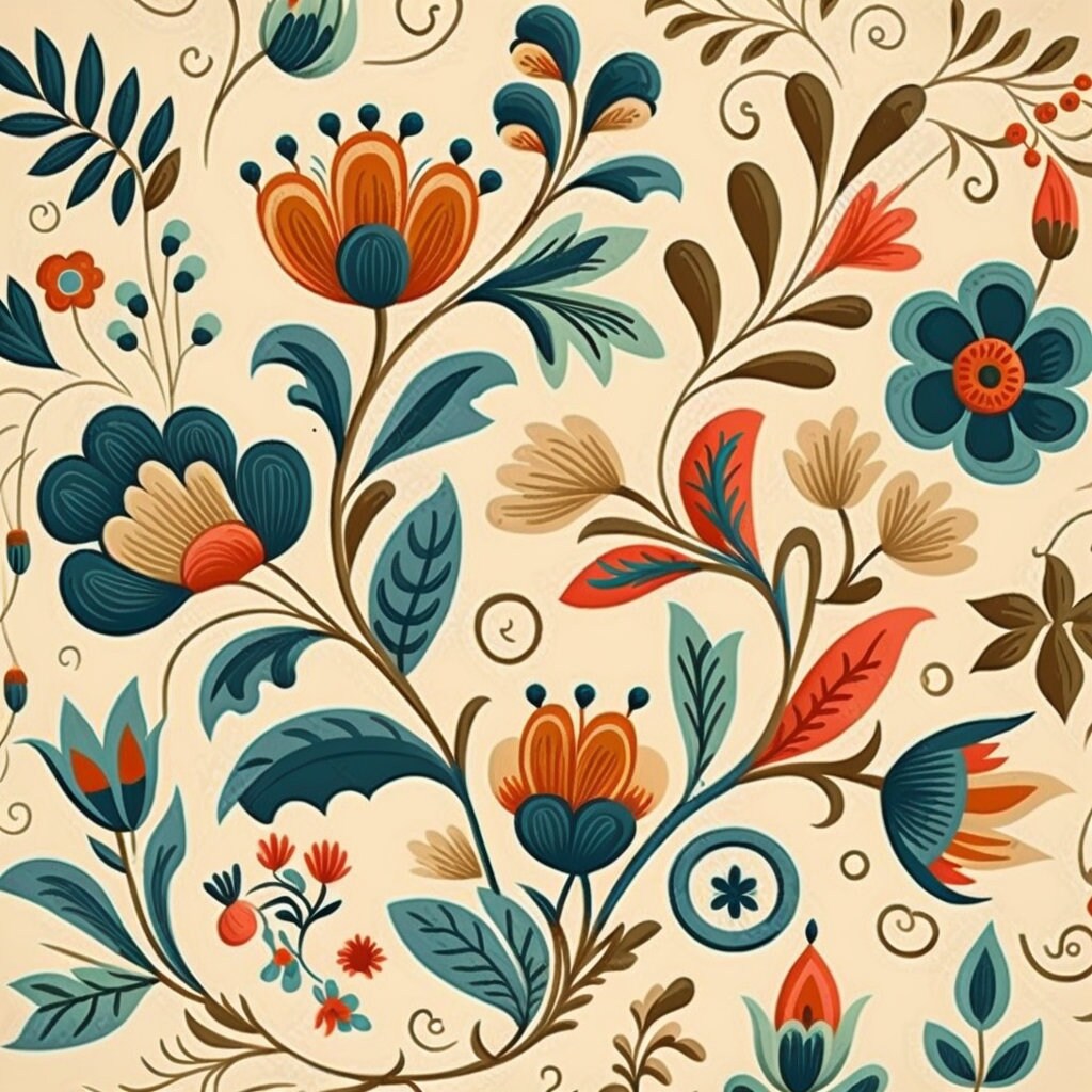 Bundle of 40 Folk Art Illustrations on Ligth Yellow Background, Digital ...