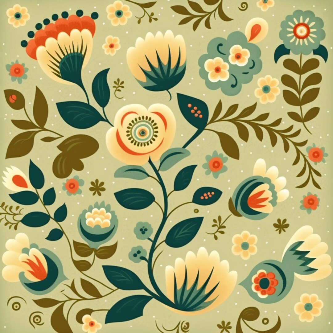 Bundle of 40 Folk Art Seamless Pattern Illustrations on Green ...