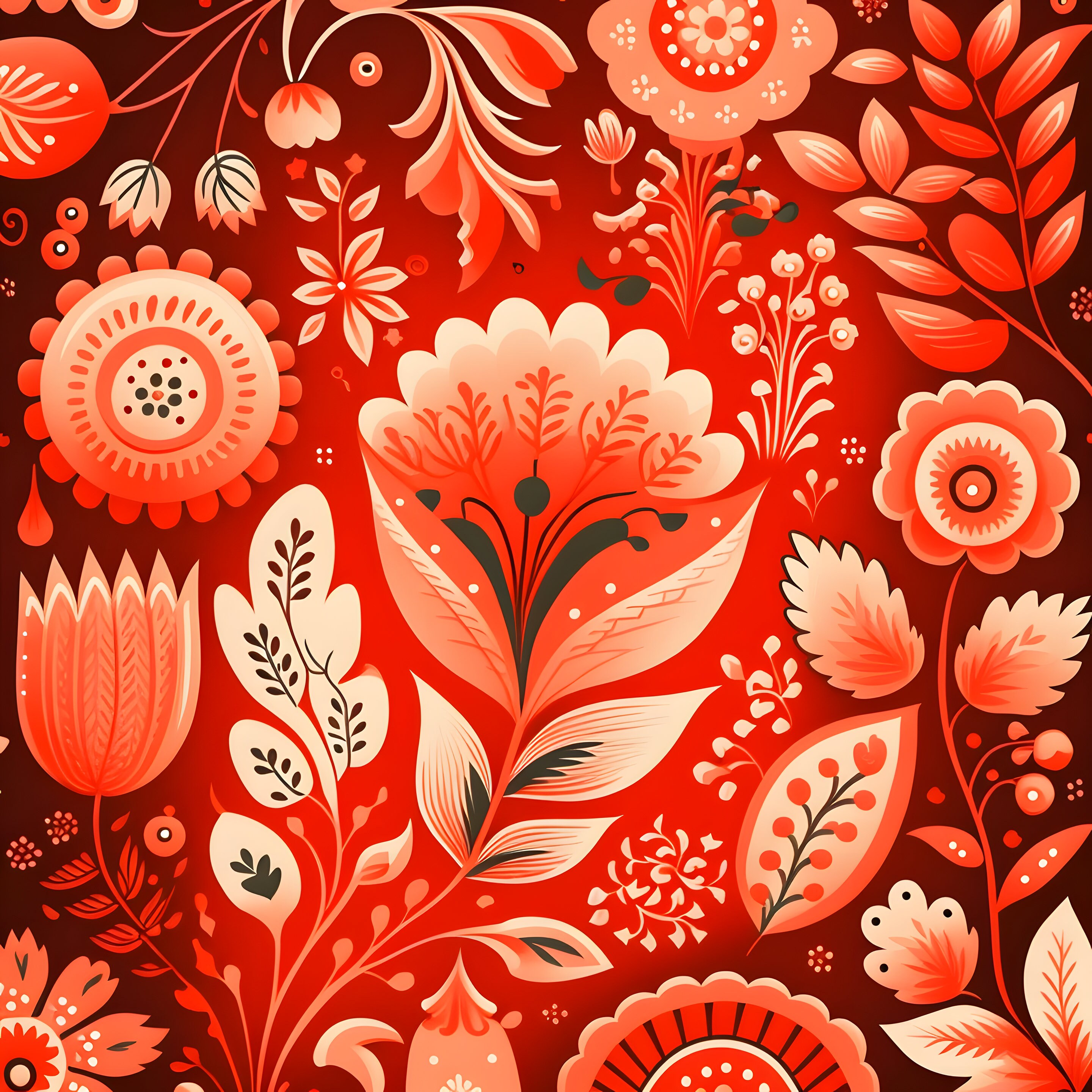 Bundle of 40 Folk Art Seamless Pattern Illustrations on Red Background ...
