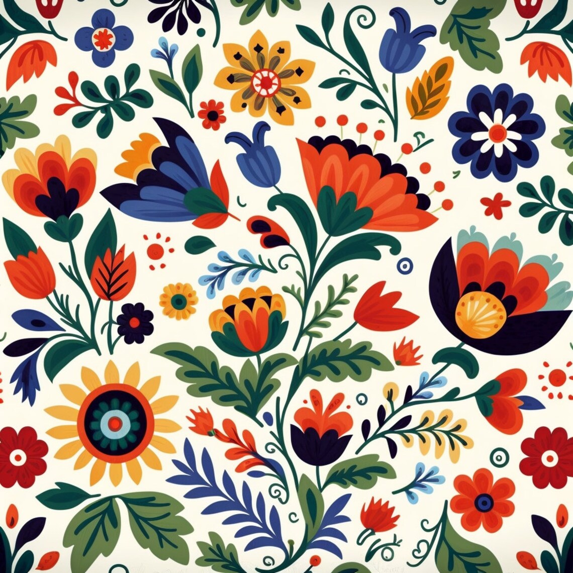 Bundle of 40 Folk Art Illustrations on White Background, Digital Floral ...