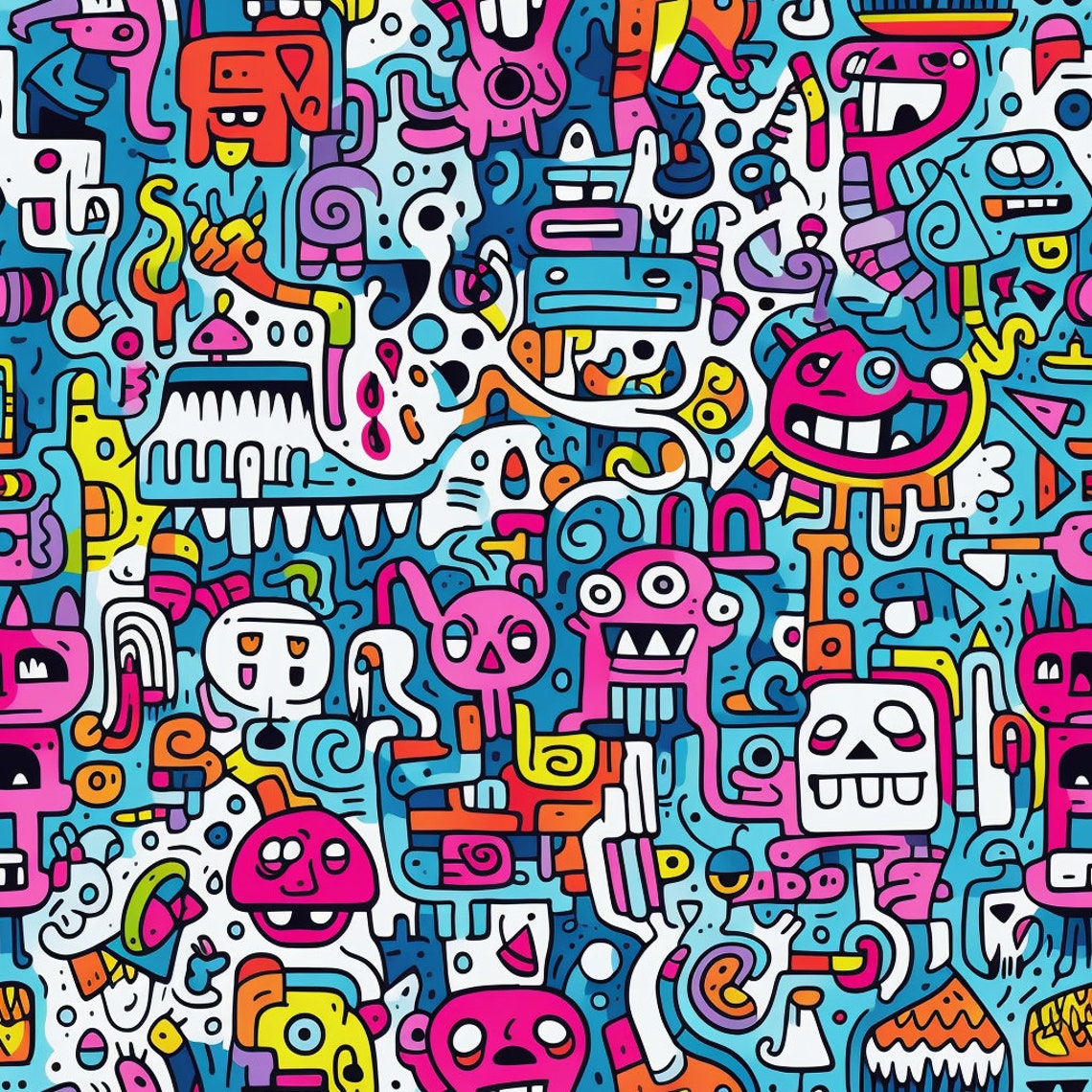 Bundle of 40 Comic Doodle Seamless Pattern Illustrations on White ...