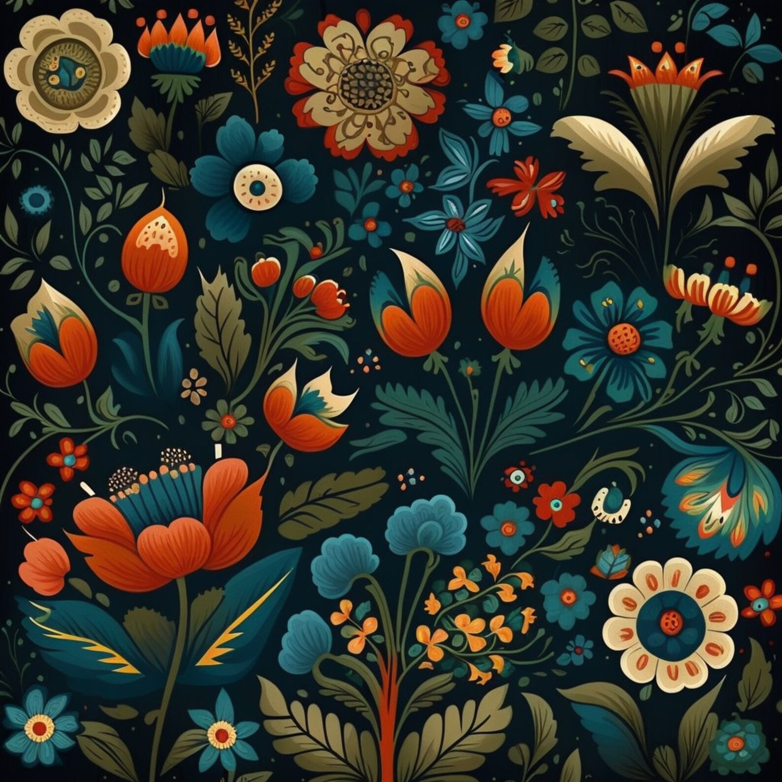Bundle of 40 Folk Art Seamless Pattern Illustrations on Black ...