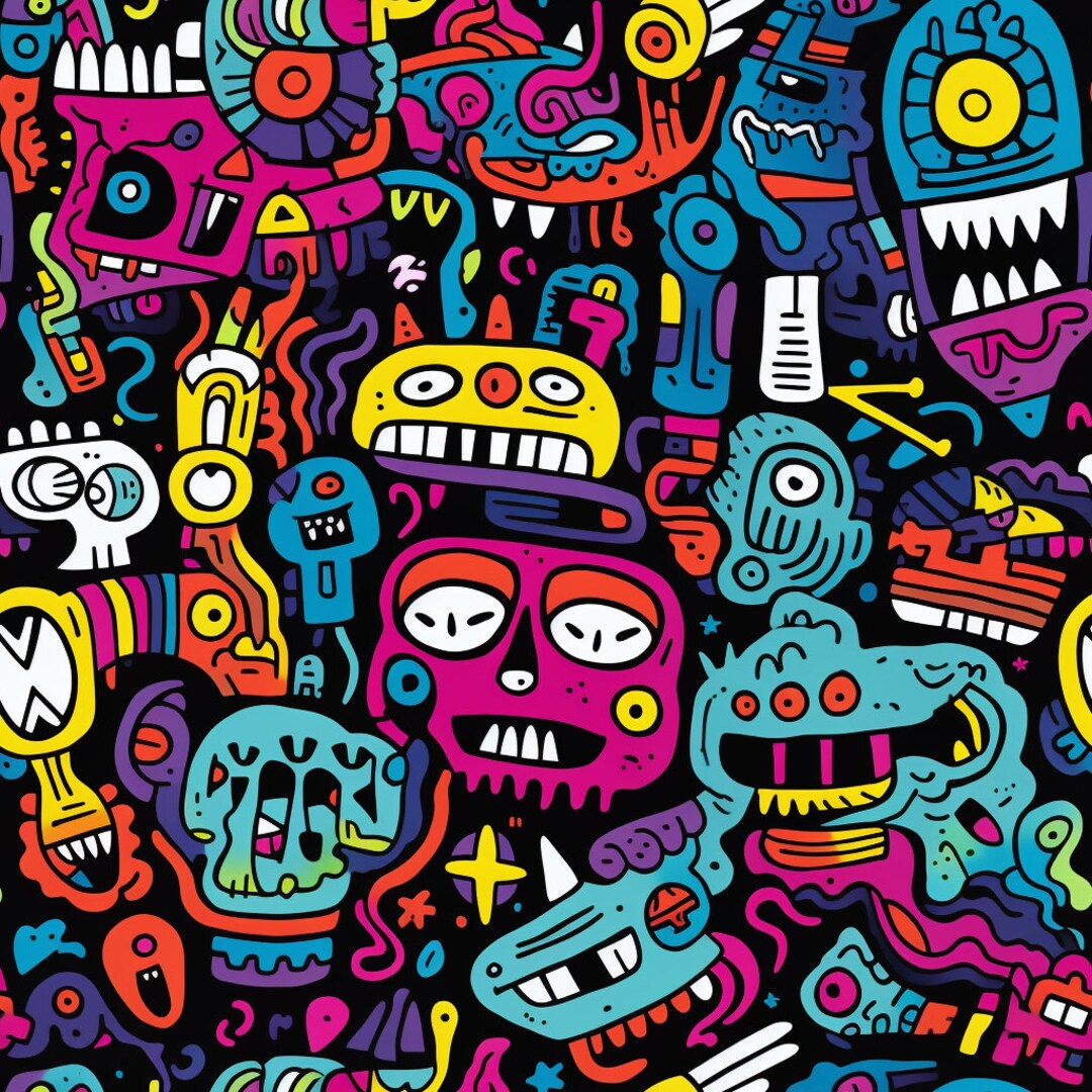 Bundle of 40 Comic Doodle Seamless Pattern Illustrations on White ...