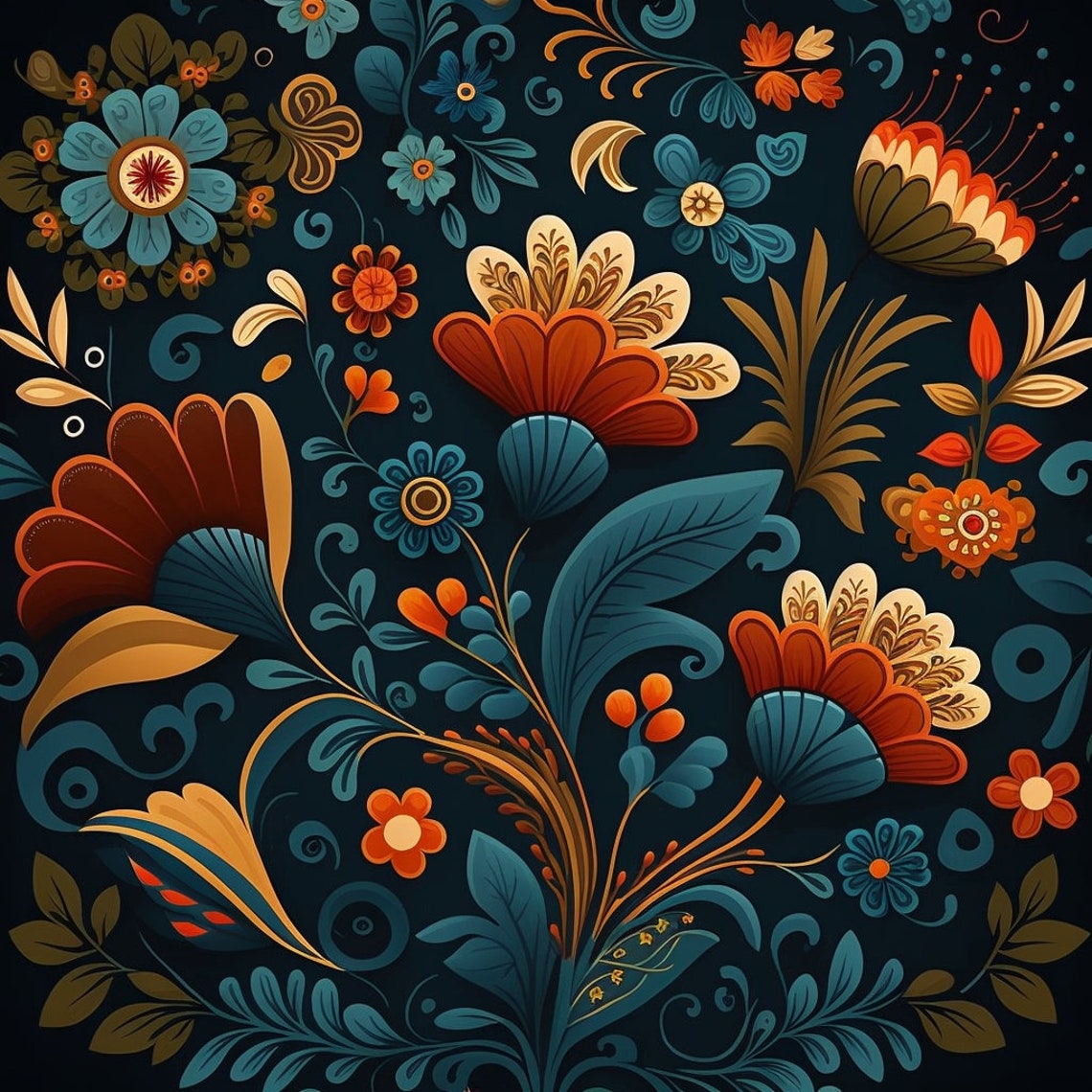 Bundle of 40 Folk Art Seamless Pattern Illustrations on Black ...