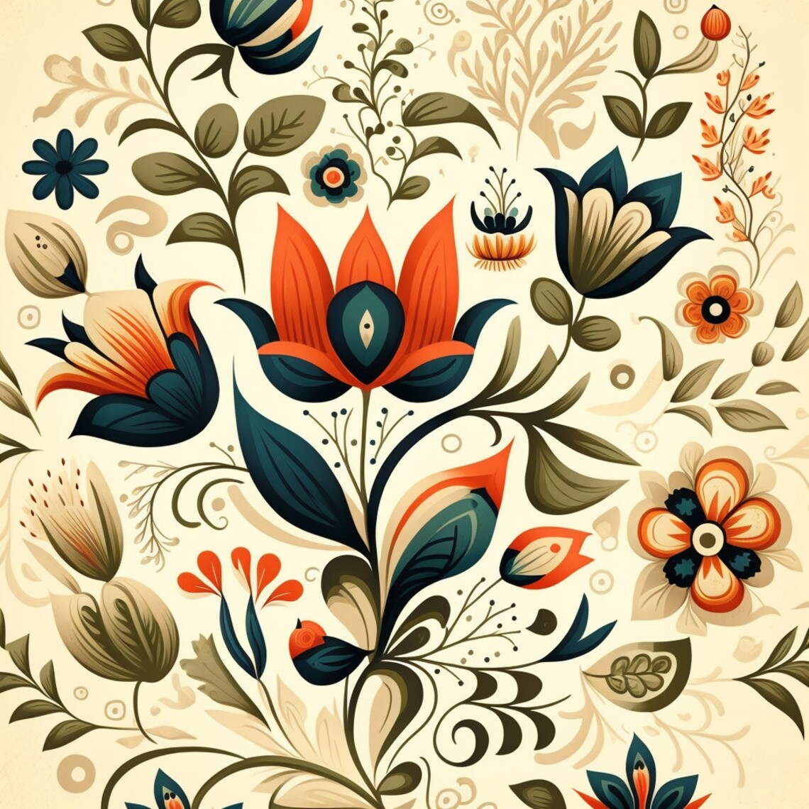 Bundle of 40 Folk Art Illustrations on Ligth Yellow Background, Digital ...