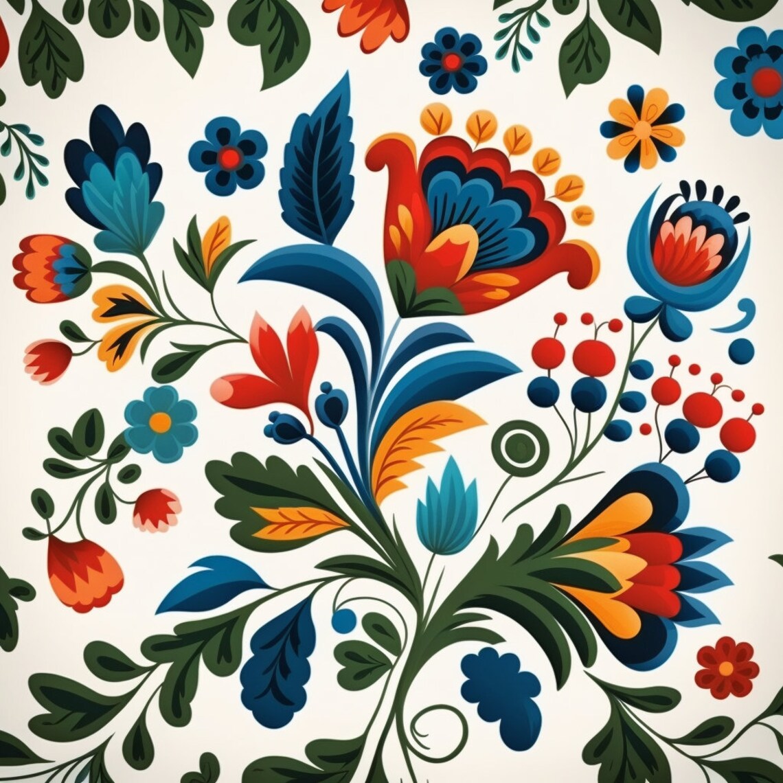 Bundle of 40 Folk Art Illustrations on White Background, Digital Floral ...