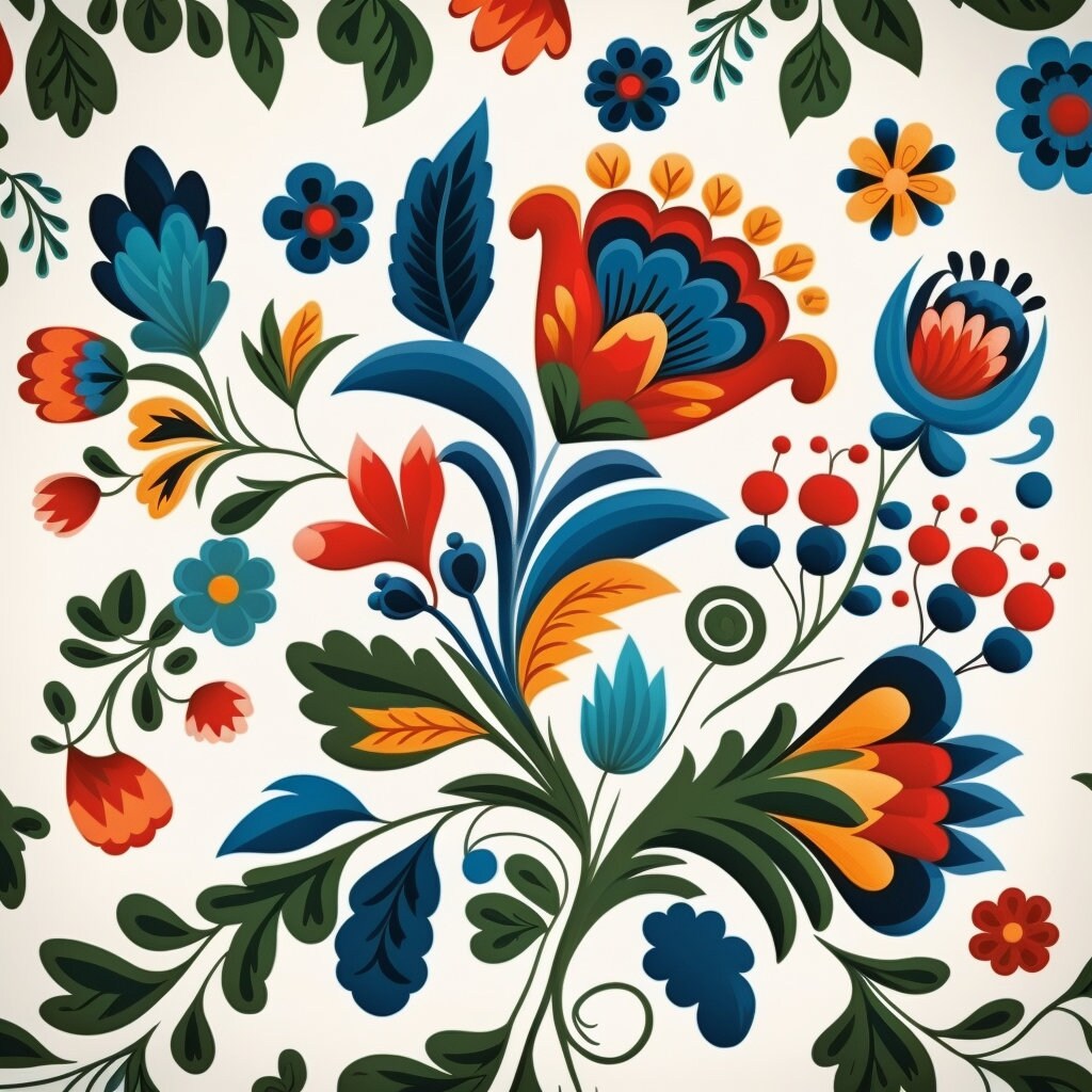 Bundle of 40 Folk Art Illustrations on White Background, Digital Floral ...