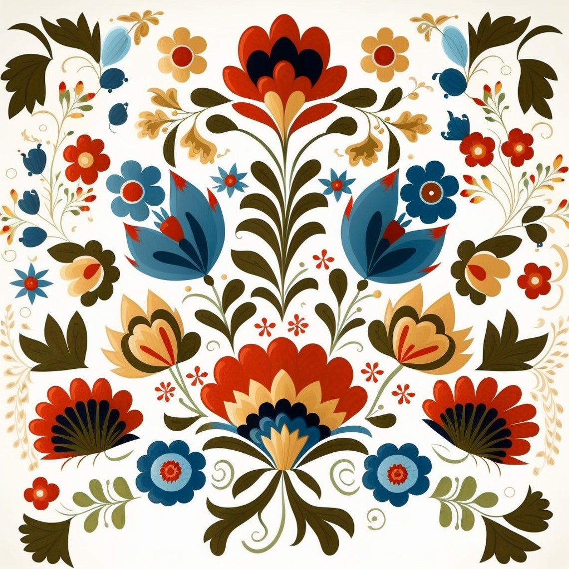 Bundle of 40 Folk Art Illustrations on White Background, Digital Floral ...