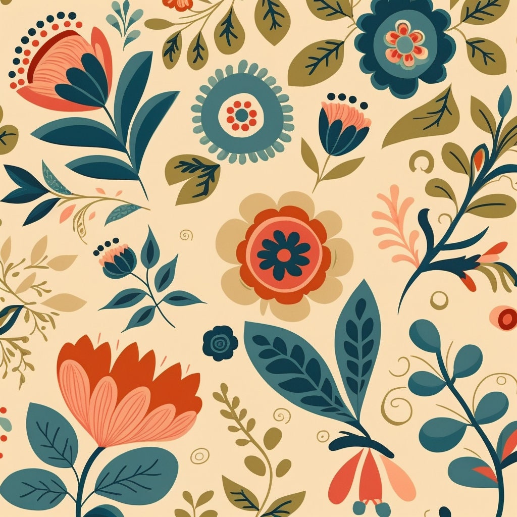 Bundle of 40 Folk Art Illustrations on Ligth Yellow Background, Digital ...