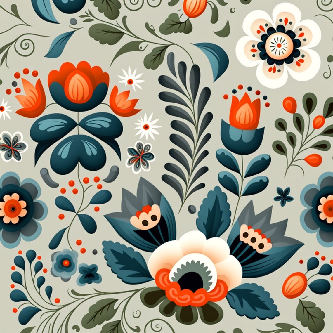 Bundle of 40 Folk Art Illustrations on Grey Background, Digital Floral ...