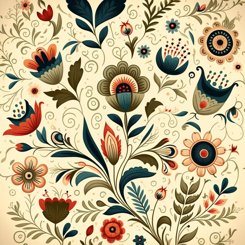 Bundle of 40 Folk Art Illustrations on Ligth Yellow Background, Digital ...