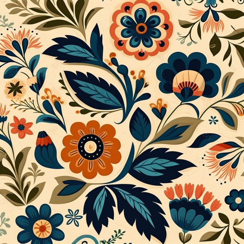 Bundle of 40 Folk Art Illustrations on Ligth Yellow Background, Digital ...