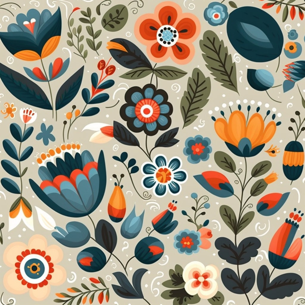 Bundle of 40 Folk Art Illustrations on Grey Background, Digital Floral ...