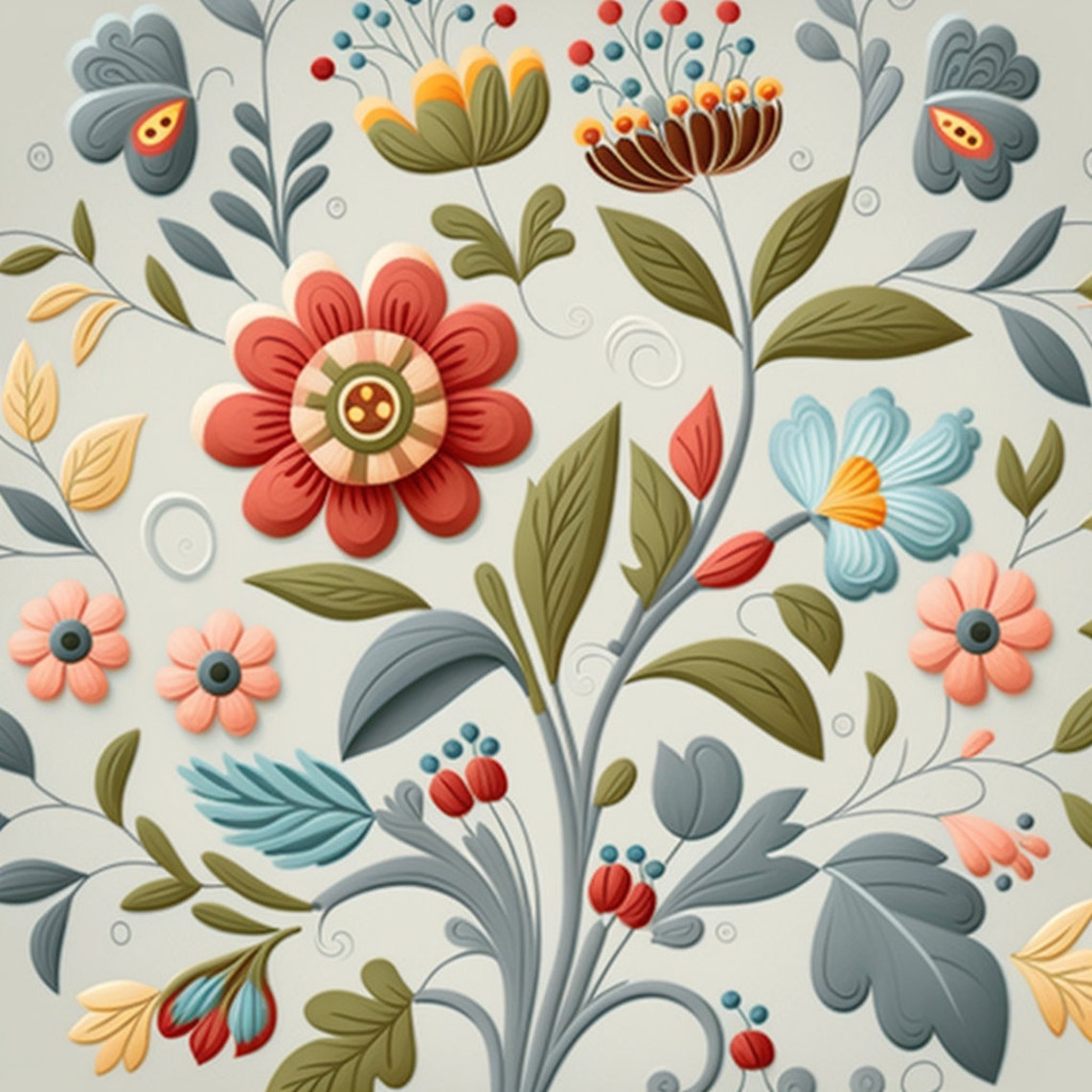 Bundle of 40 Folk Art Illustrations on Grey Background, Digital Floral ...