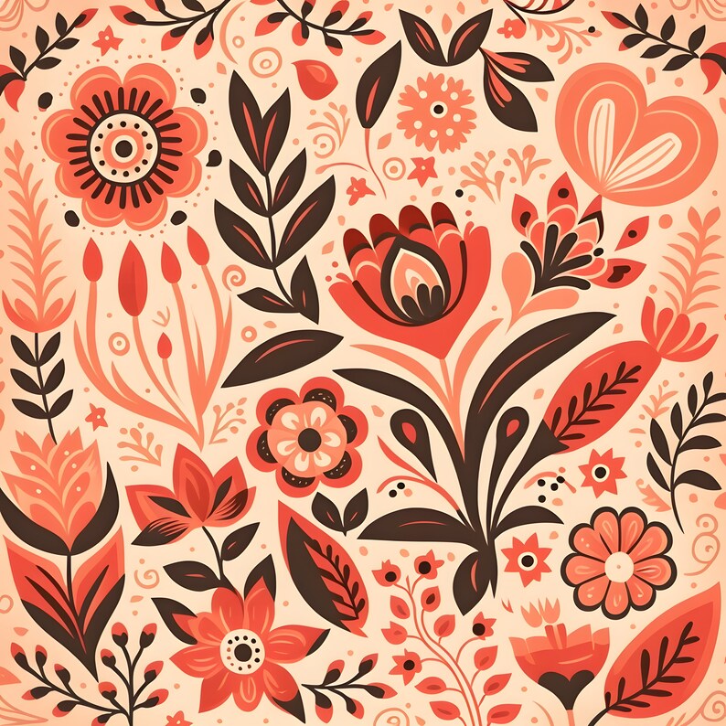 Bundle of 40 Folk Art Illustrations on Red Background, Digital Floral ...