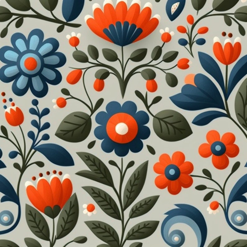 Bundle of 40 Folk Art Illustrations on Grey Background, Digital Floral Clipart, Vector Graphics ...