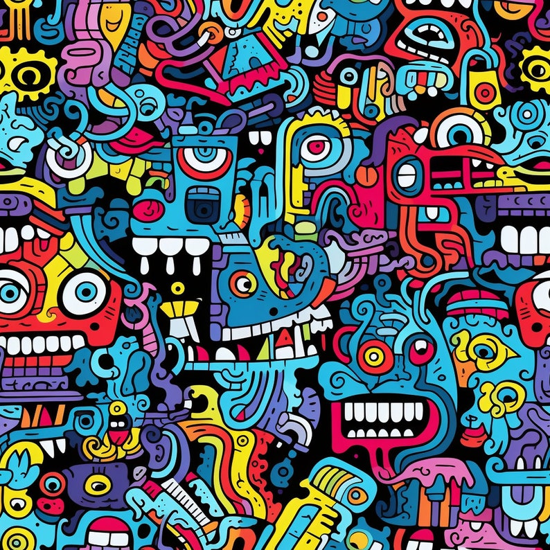 Bundle of 40 Comic Doodle Seamless Pattern Illustrations on White ...