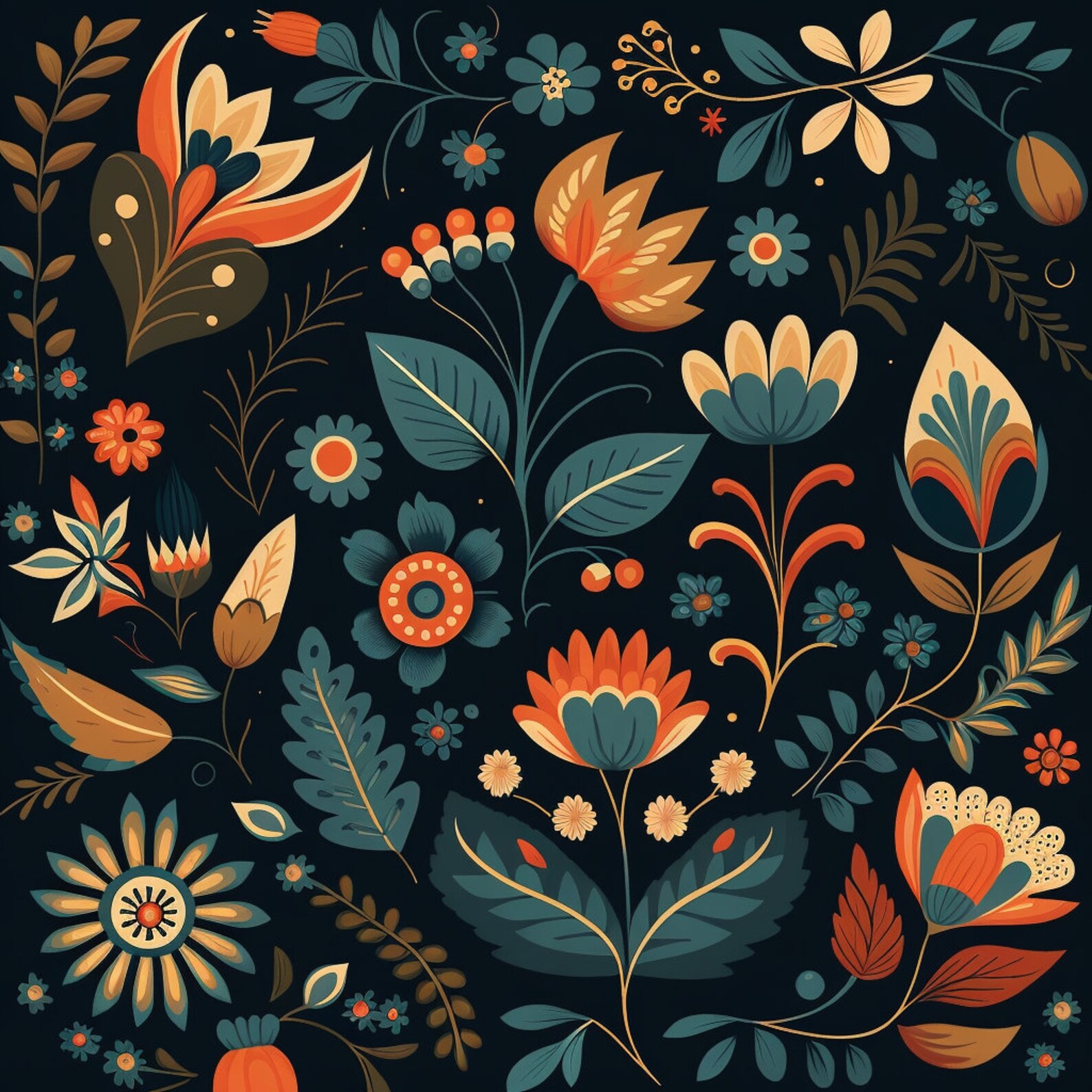 Bundle of 40 Folk Art Seamless Pattern Illustrations on Black ...