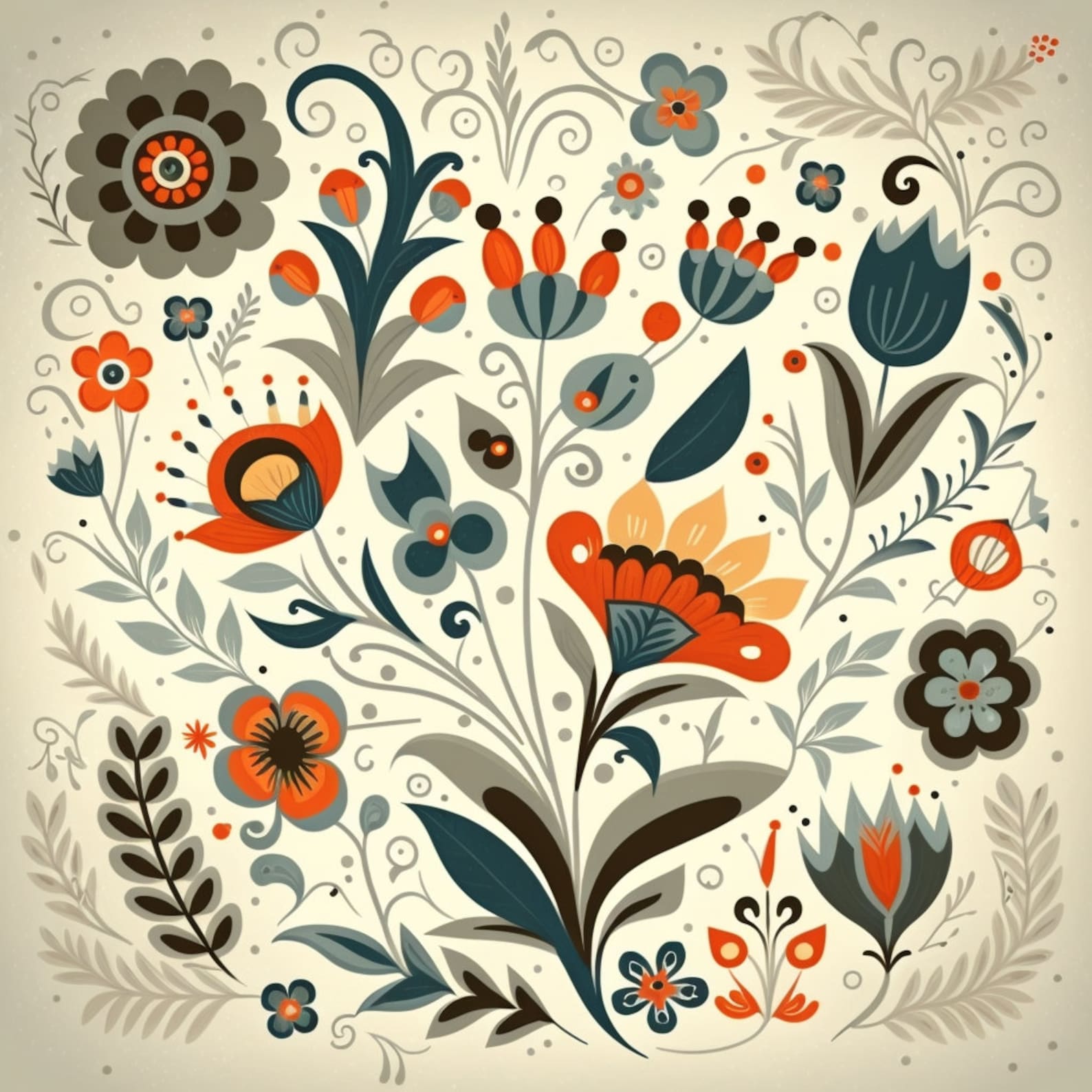Bundle of 40 Folk Art Illustrations on Grey Background, Digital Floral ...