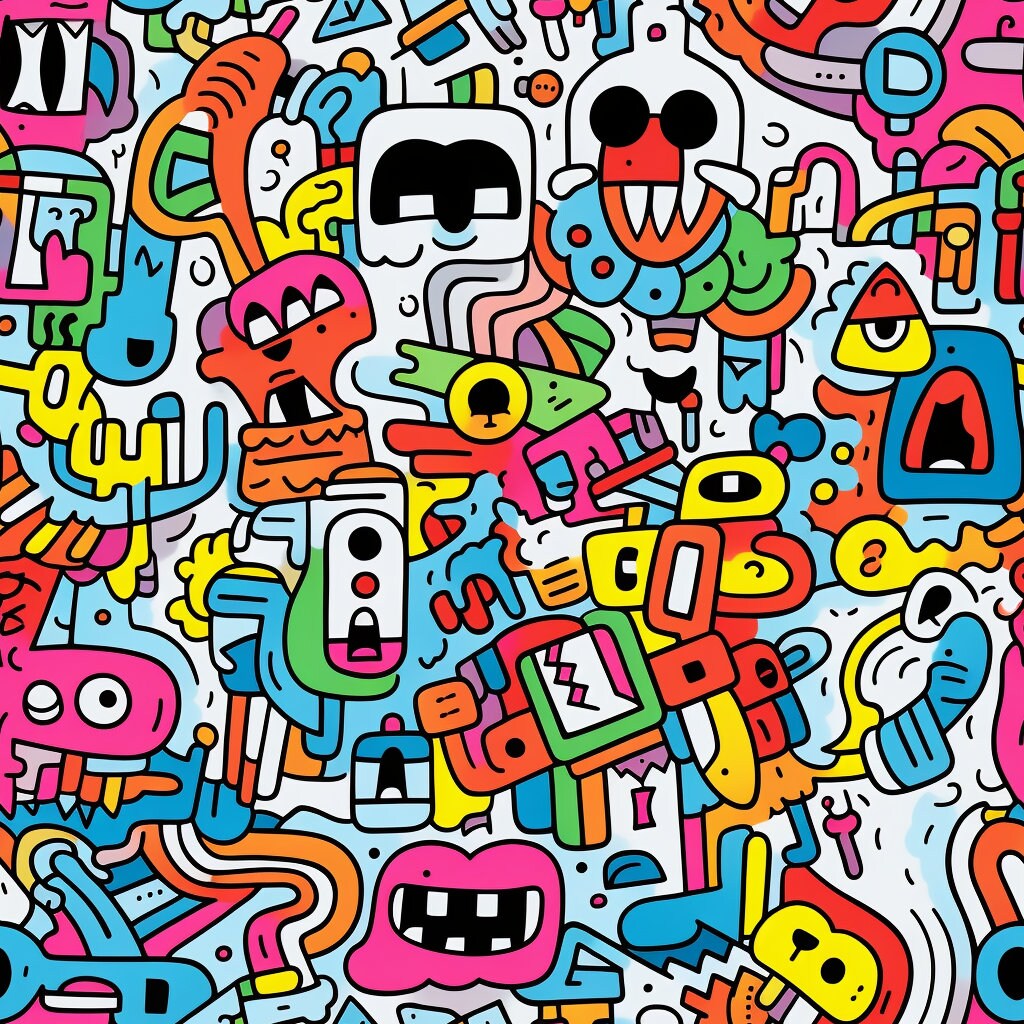 Bundle of 40 Comic Doodle Seamless Pattern Illustrations on White ...